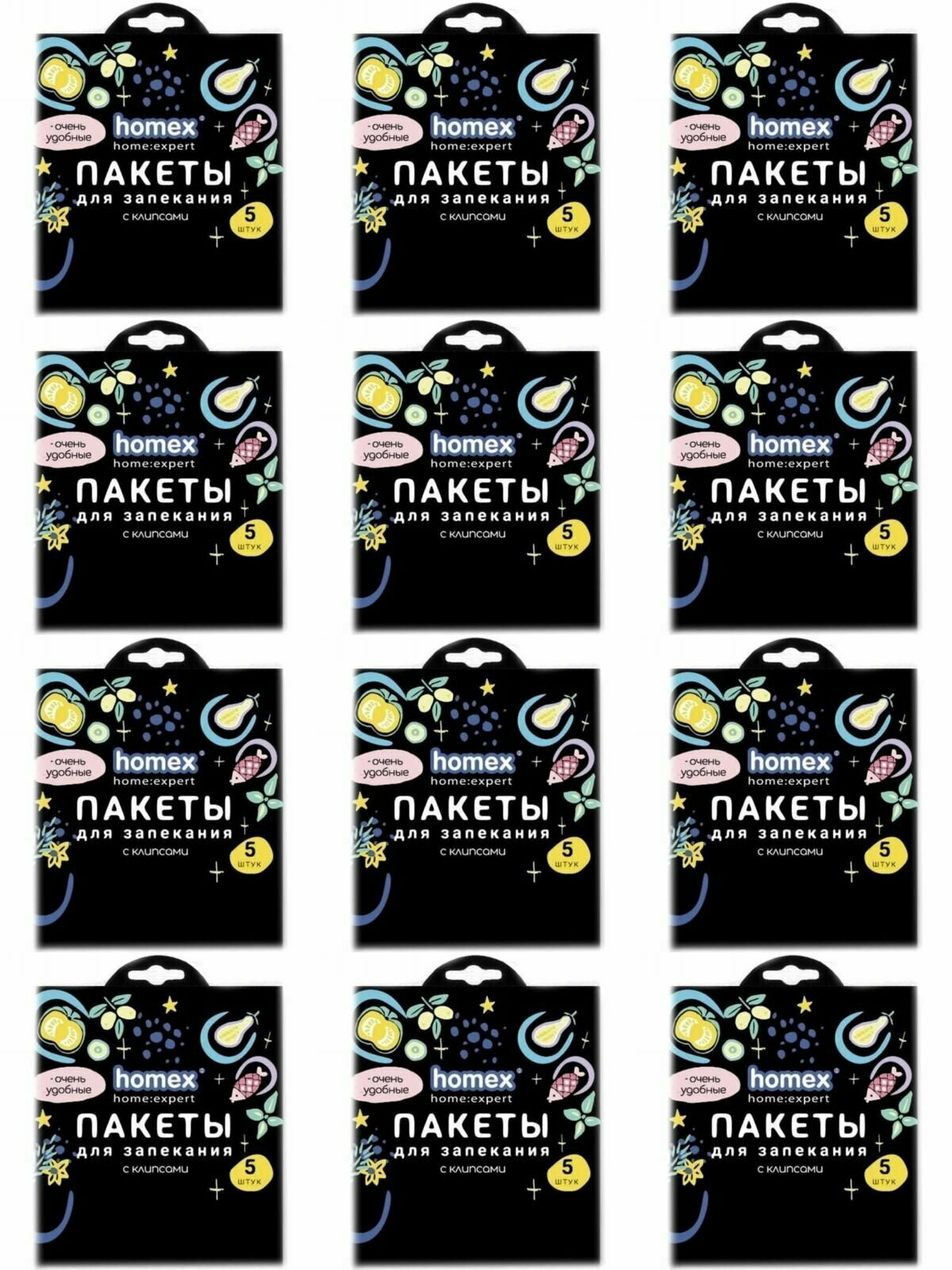 Homex Пакеты для запекания универсальные с клипсами Очень Удобные, 30*40 см, 11 мкм, 5 шт, 12 уп.