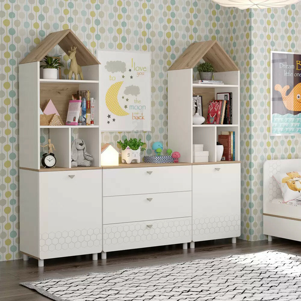 Набор для детской Эйп (арт 13.14 стеллаж + арт.13.322 комод + стеллаж 13.14) 191х41,5х183,8см цвет белый крыша дуб Моби