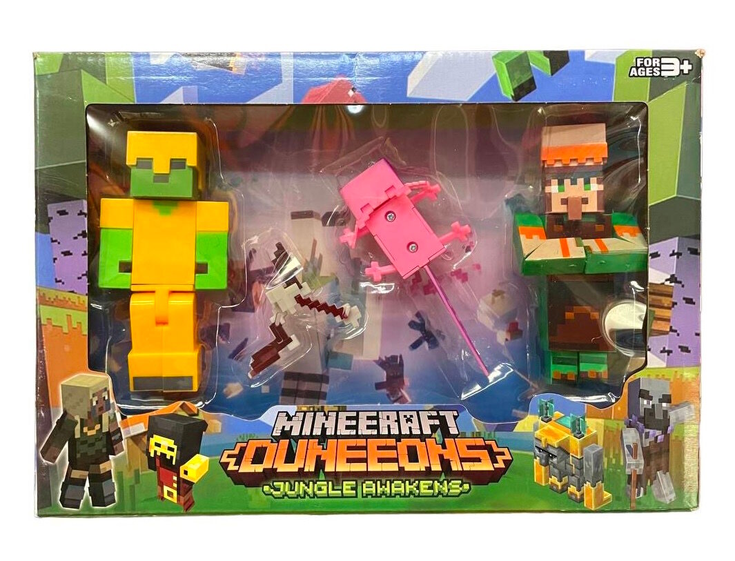 Майнкрафт Набор Фигурок 3 шт. Mineeraft. Житель, Аксолотль, Зомби.