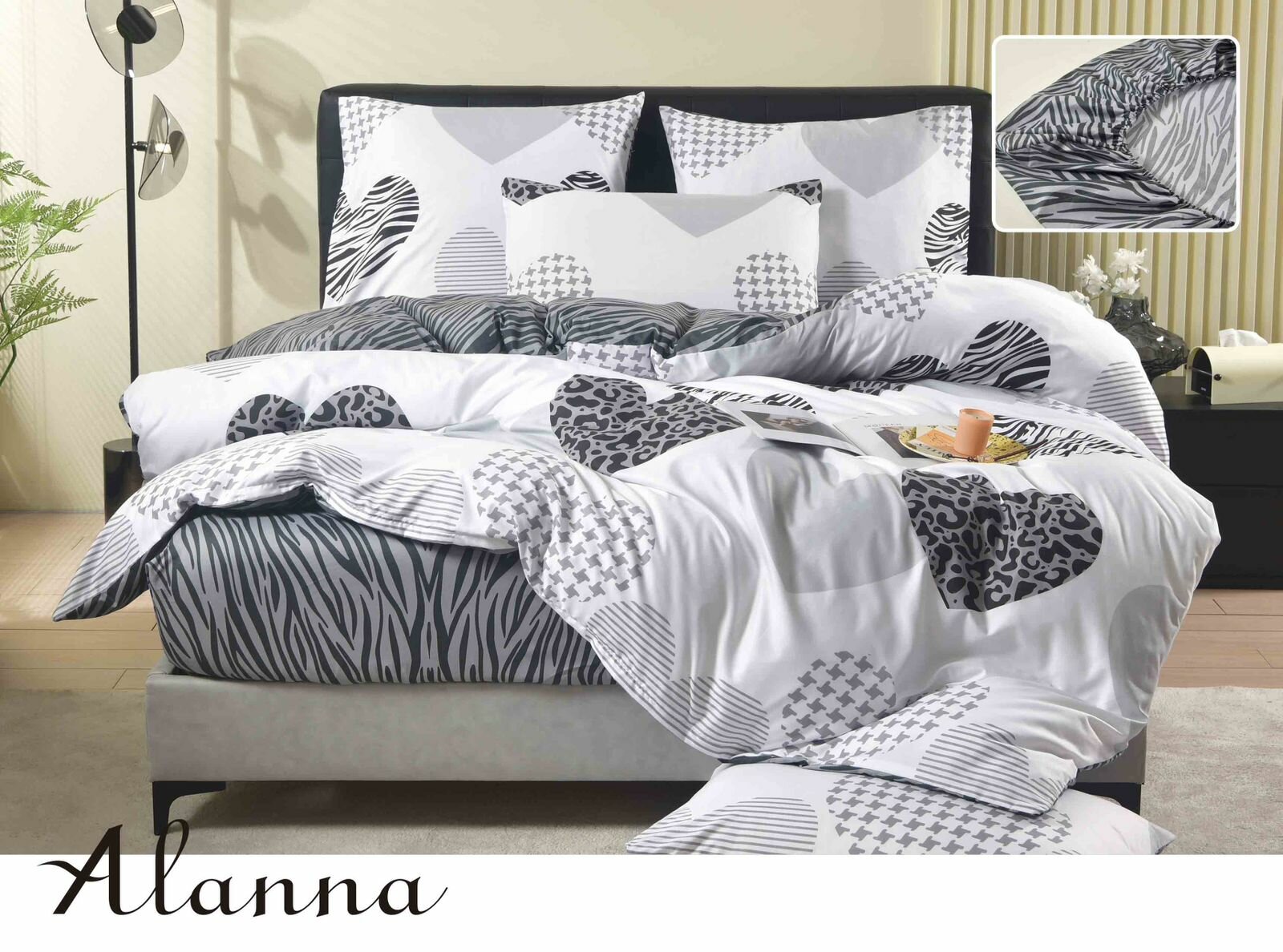 Комплект Постельного Белья Аланна Сердечки с Узорами / Евро / простыня 180x200 / пододеяльник 200x220 / Наволочки 50x70-2, 70x70-2