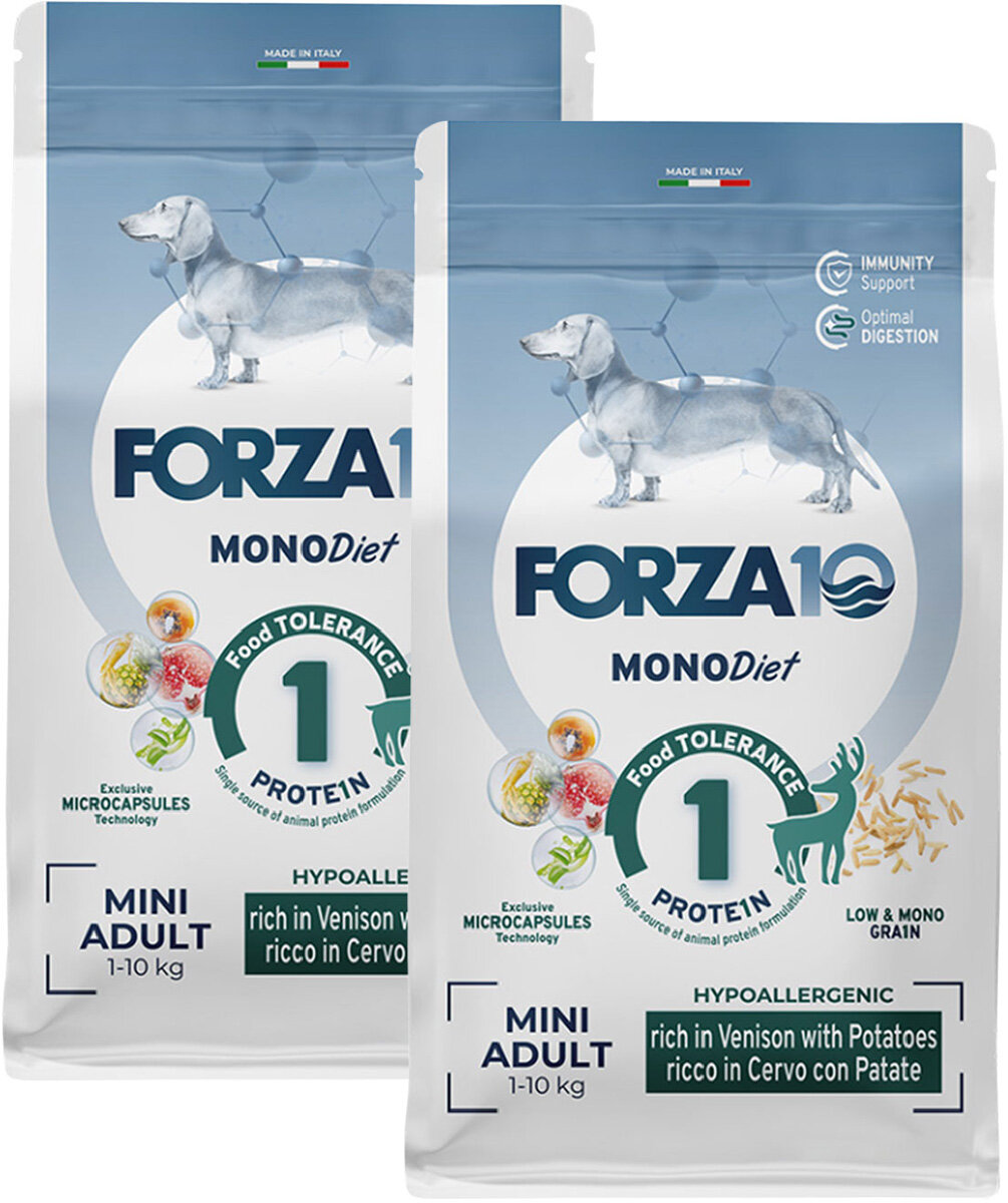 Корм сухой Forza10 Dog Mini Monodiet Low Grain монобелковый для взрослых собак маленьких пород при аллергии, оленина и картофель, 1,5 кг х 2 шт