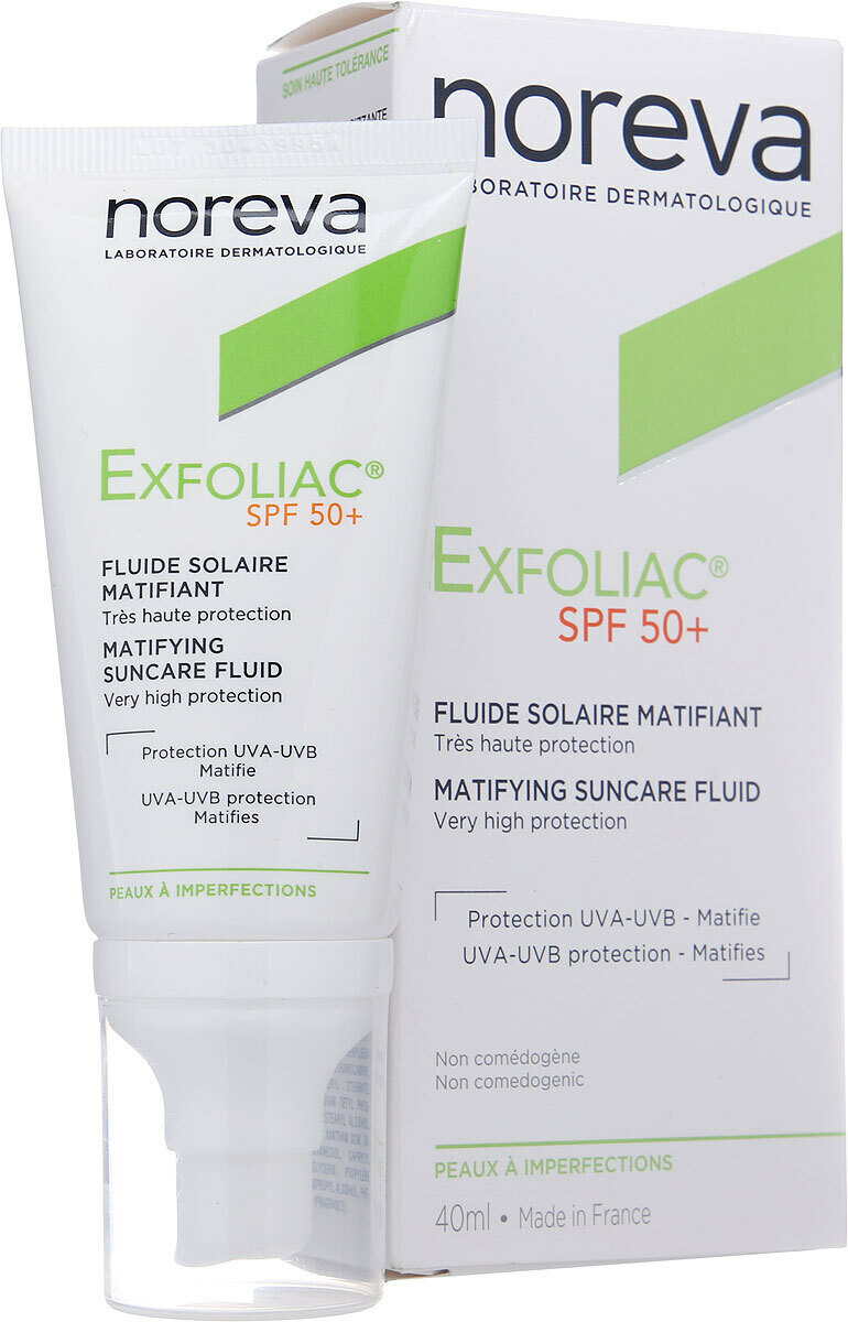 Noreva Матирующая солнцезащитная эмульсия Exfoliac SPF 50+, 40 мл