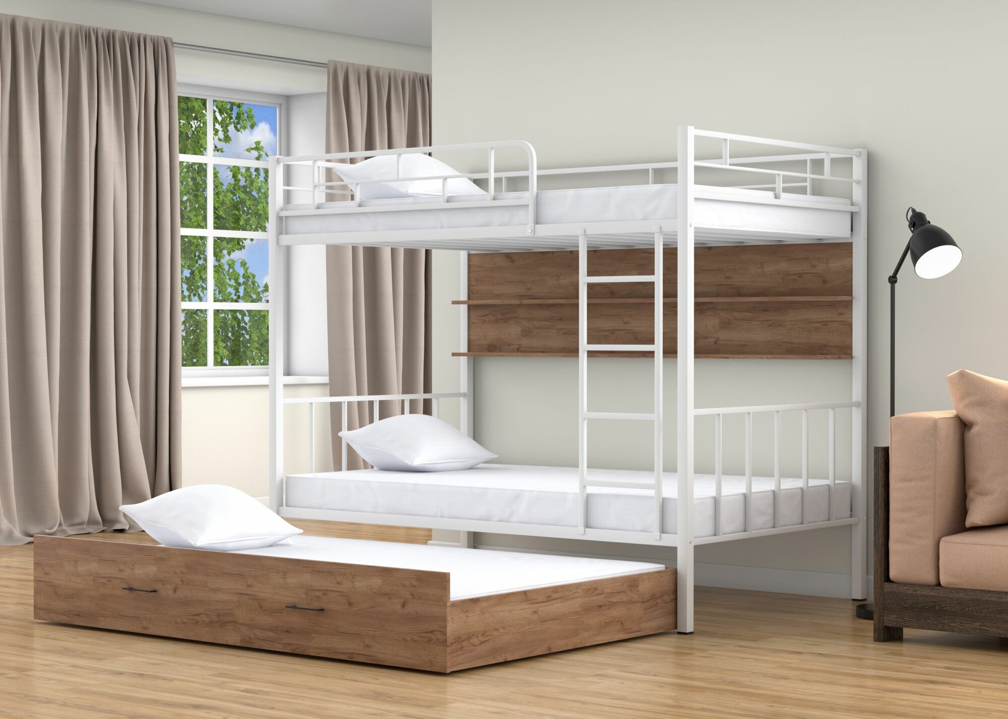 Двухъярусная кровать Валенсия 120 Выкатная с полкой Белый/дуб крафт табак