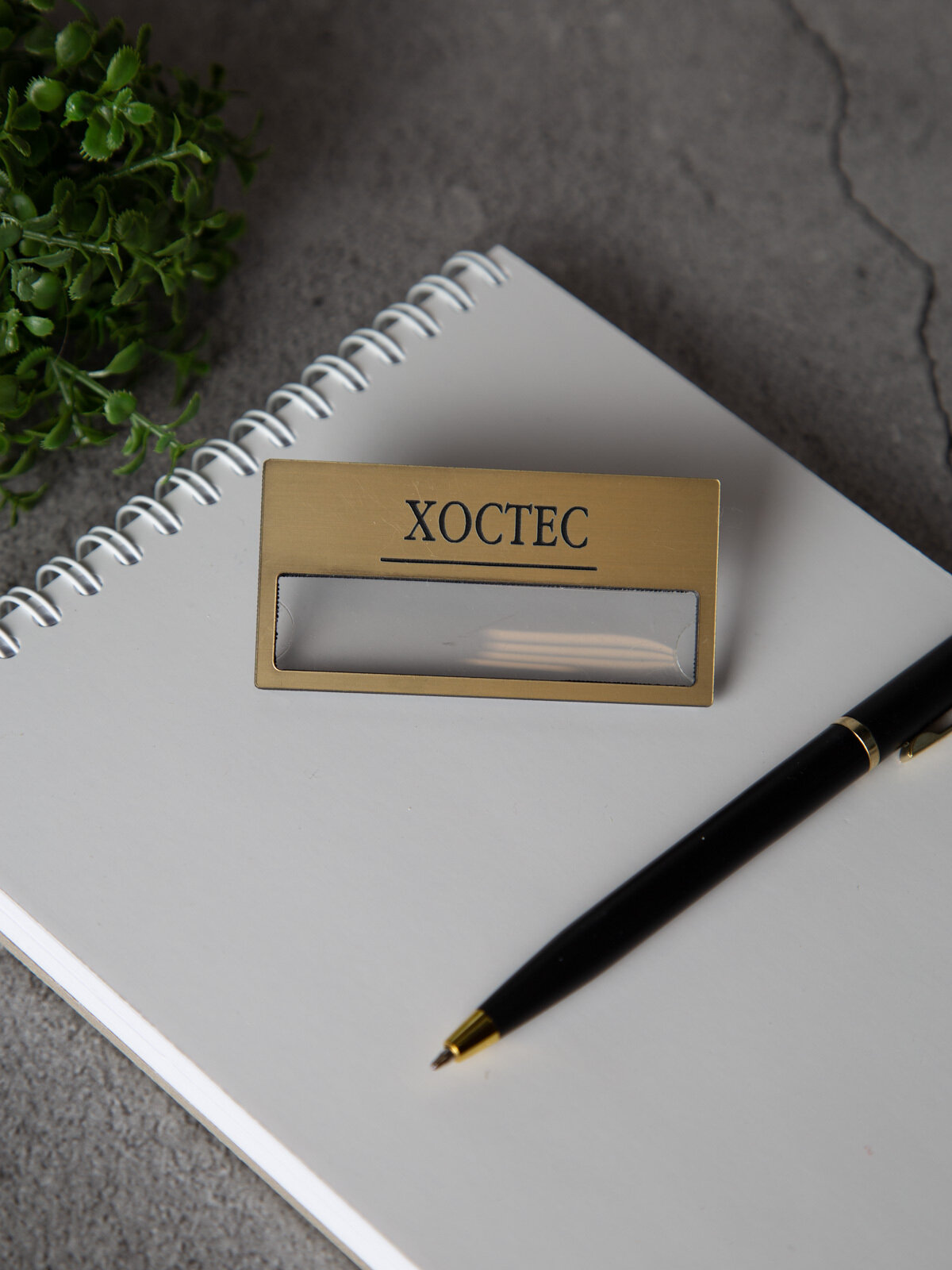 Бейджик (Бейдж) с окном, гравировка "Хостес", магнитное крепление, золотой - 5 шт.