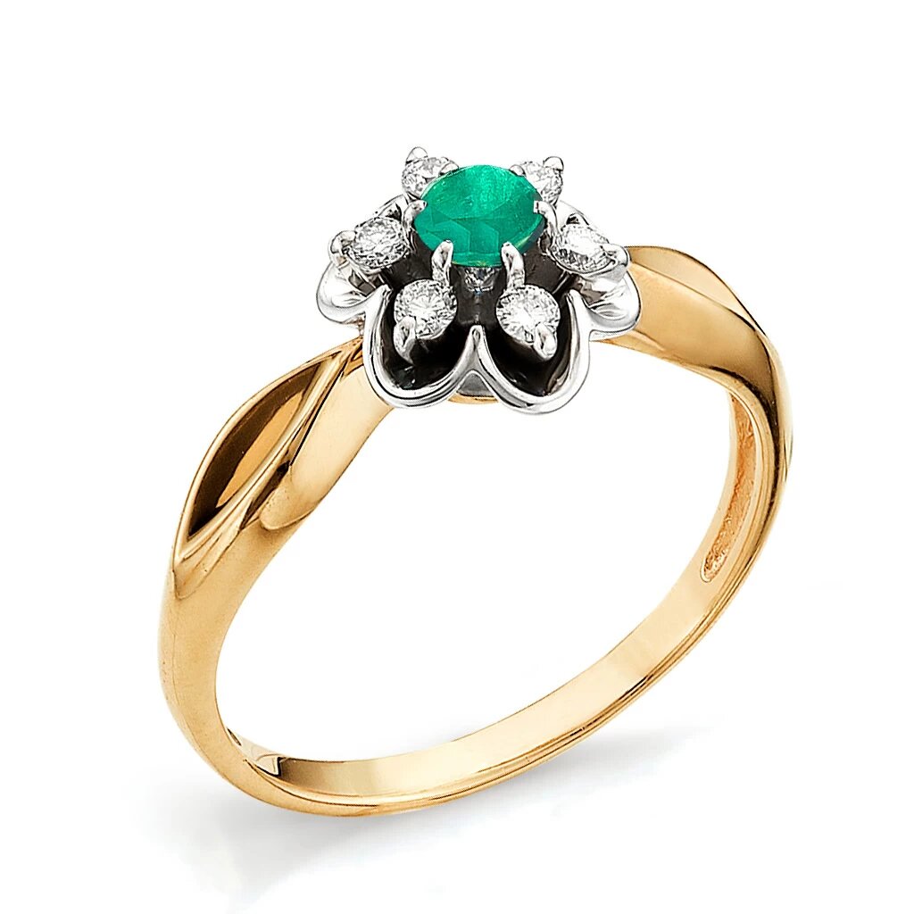 Кольцо помолвочное, красное золото, 585 проба, изумруд, бриллиант