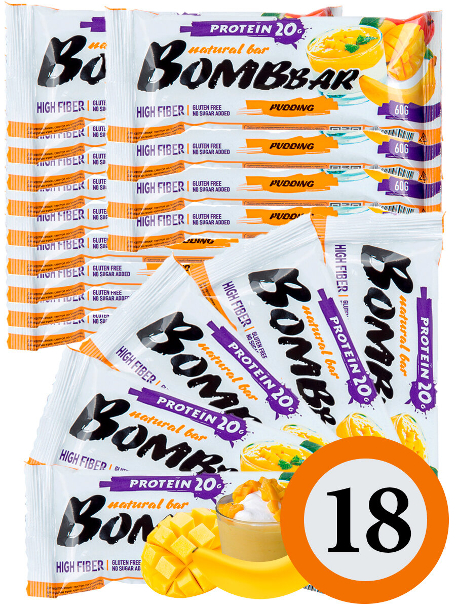 Протеиновый батончик BombBar Protein Bar 18 x 60 г, Пудинг с ароматом манго и банана