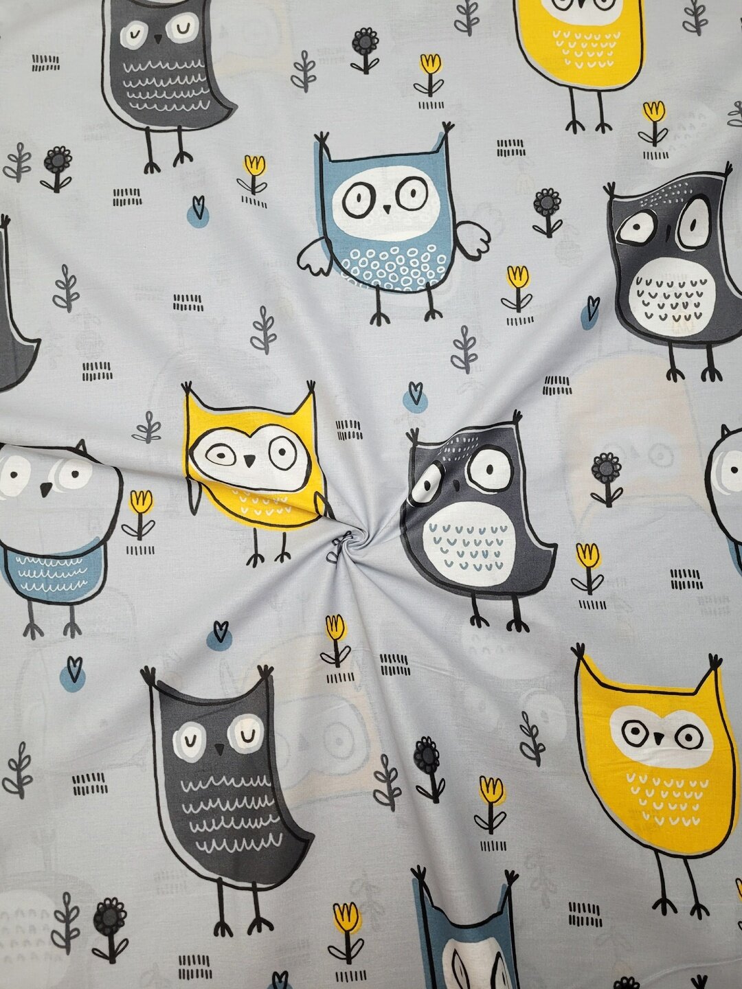 Ткань Поплин Узбекистан "Совы на сером" 100х220 см, 100 % хлопок.
