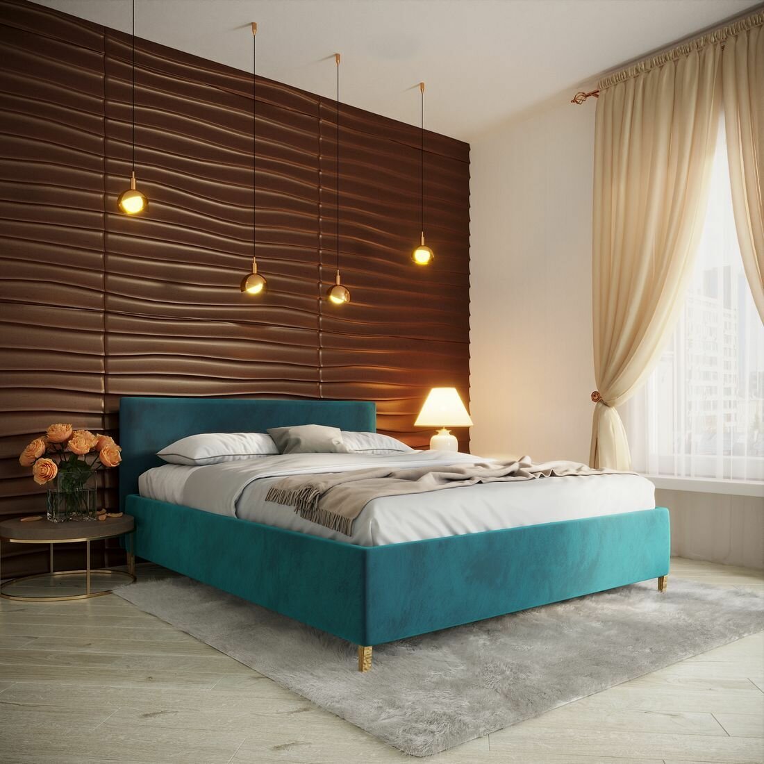 Мягкая кровать с подъемным механизмом NS Simple бирюзовый велюр, 160х200, с ножками