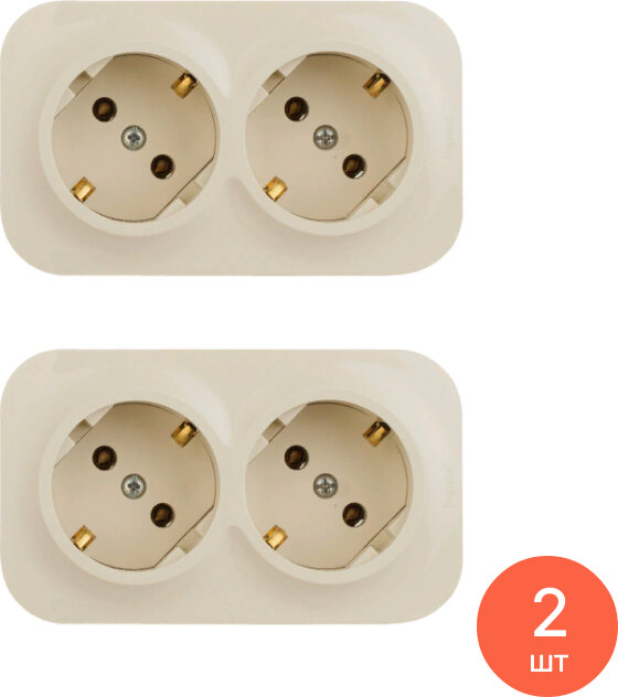 Розетка силовая штепсельная Legrand / Легранд Quteo 2х2К+З, 16А 250В IP20, слоновая кость с заземляющим контактом, 782263 (комплект из 2 шт)