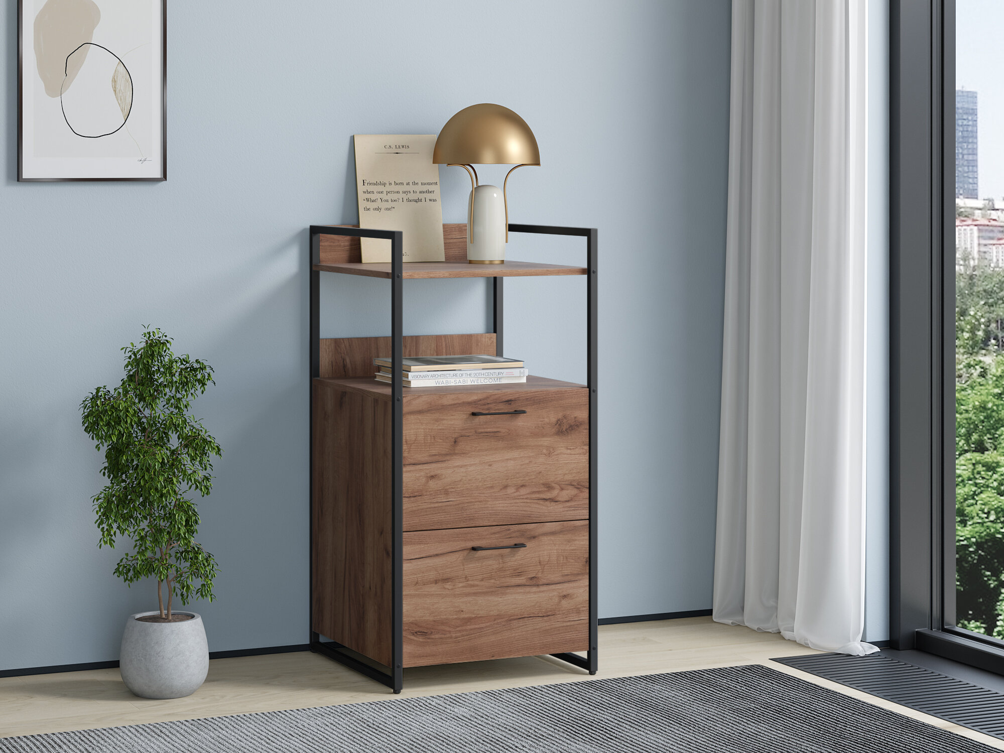 Тумба прикроватная Урбан Лофт 02 с ящиками Черный/дуб крафт табак