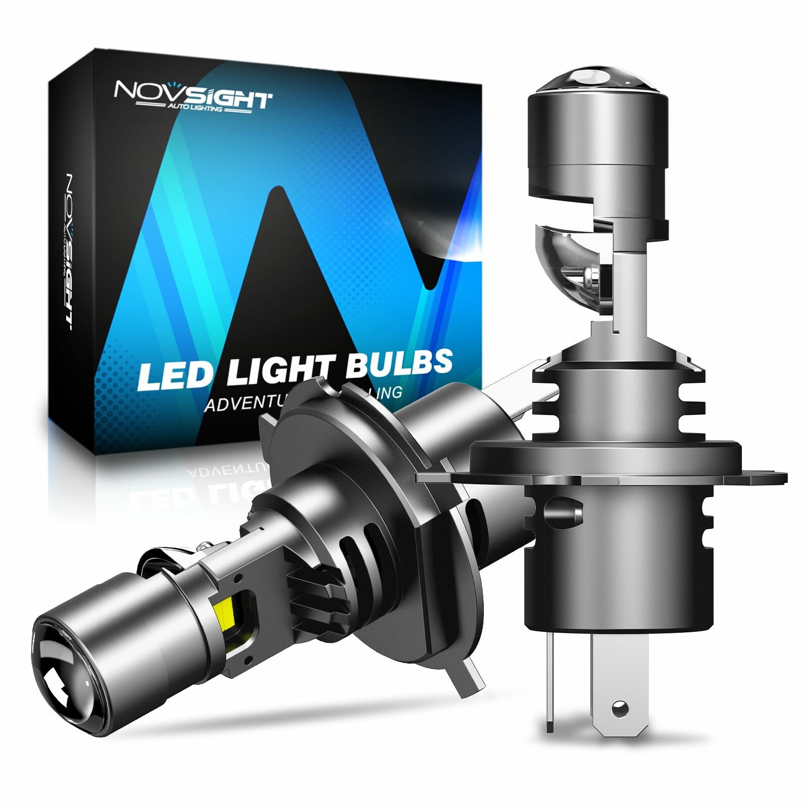 Светодиодная лампа с линзой Novsight N91 H4 цоколь P43t 60Вт 2шт 17000Лм 6500К белый свет LED автомобильная
