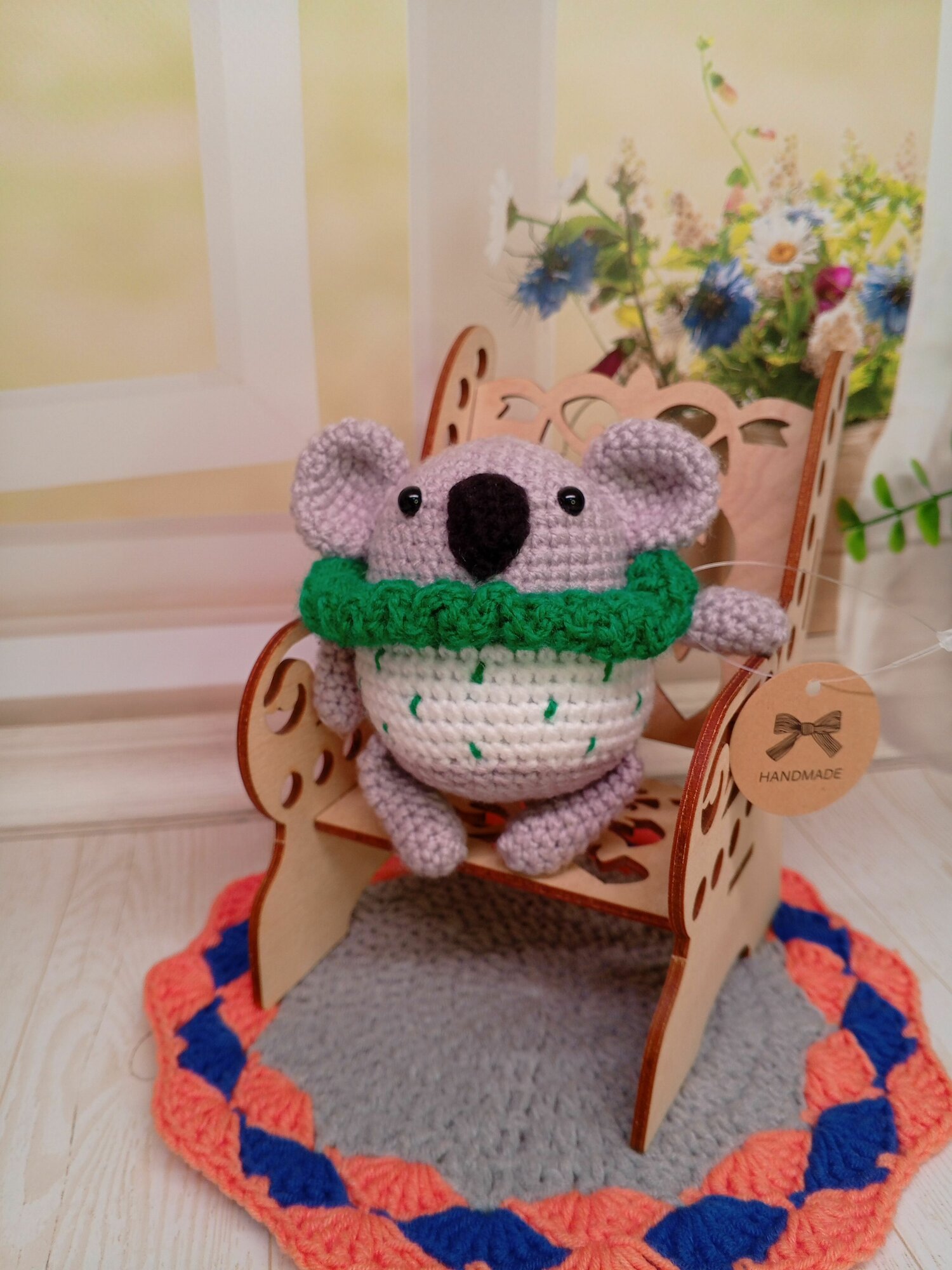 Вязаная игрушка Коала, ручная работа, гипоаллергенная пряжа, 10 см, карманная игрушка — фото 1