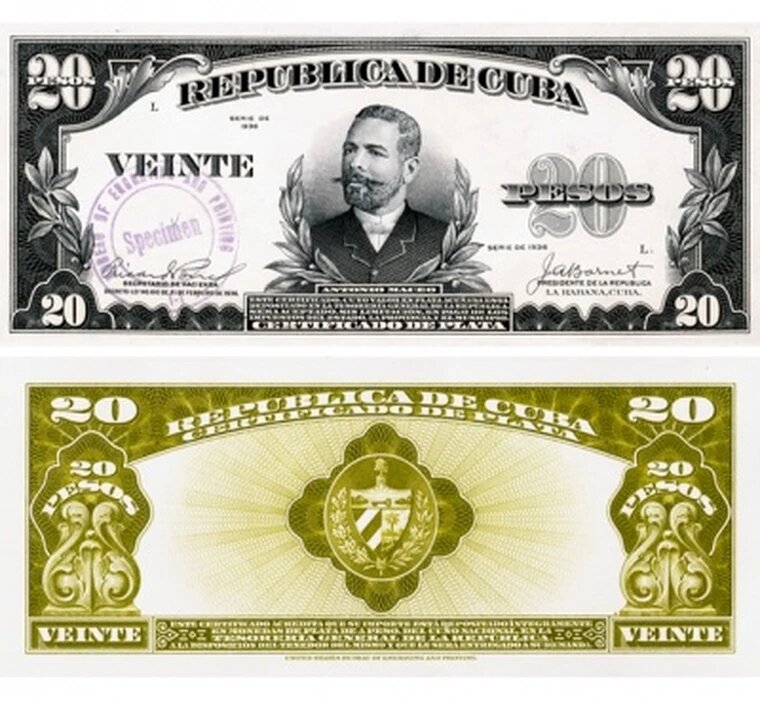 Куба 20 песо 1936 серебряный сертификат, сувенирная копия, банкноты и купюры редкие коллекционные