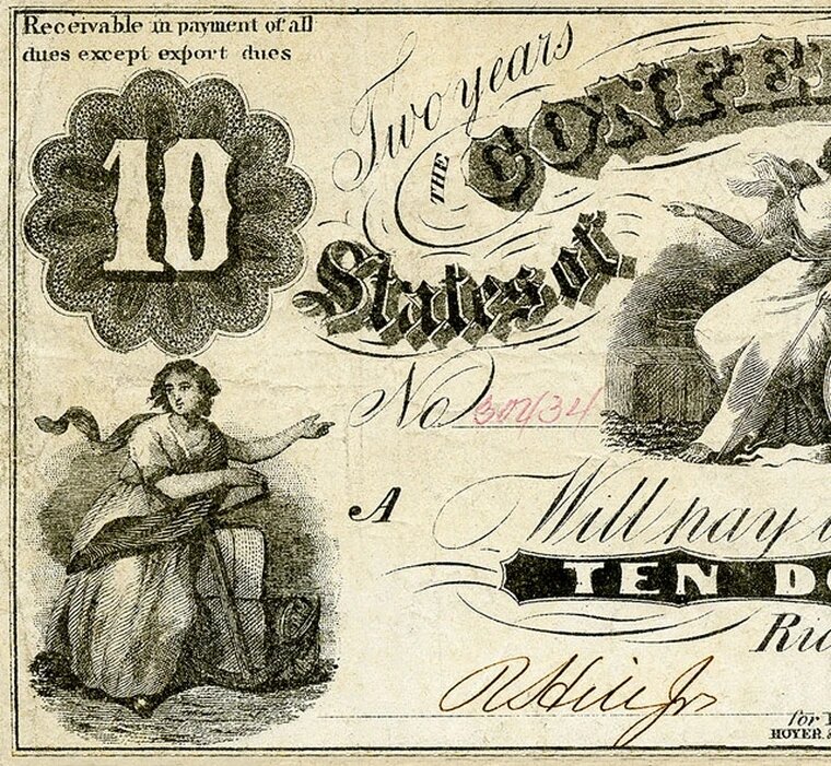 10 долларов 1861 Конфедерация Ричмонд сувенирная копия, банкноты и купюры редкие коллекционные