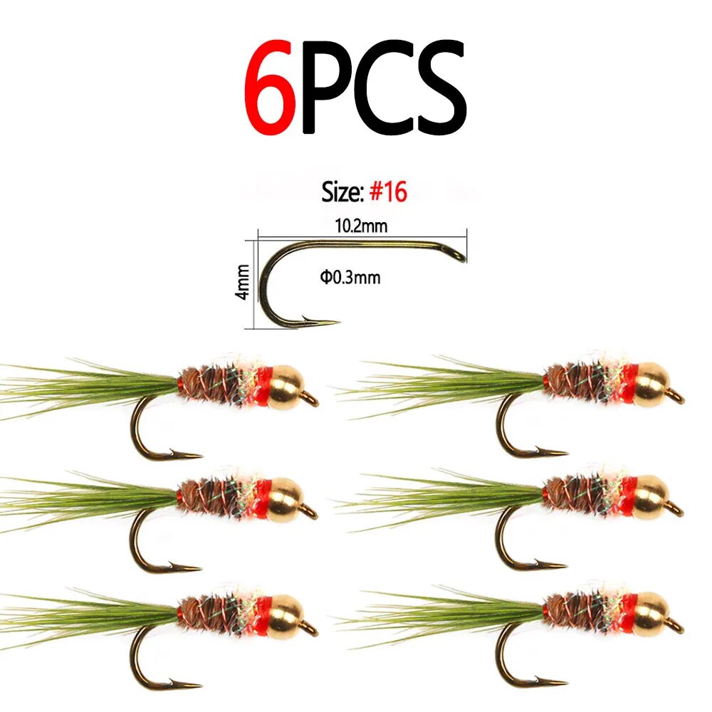 Bimoo 6 шт. #16 латунная головка из бисера, французская Нимфа, искусственная мушка, мокрая муха, Европейская Нимфа для форели, приманки для рыбалки