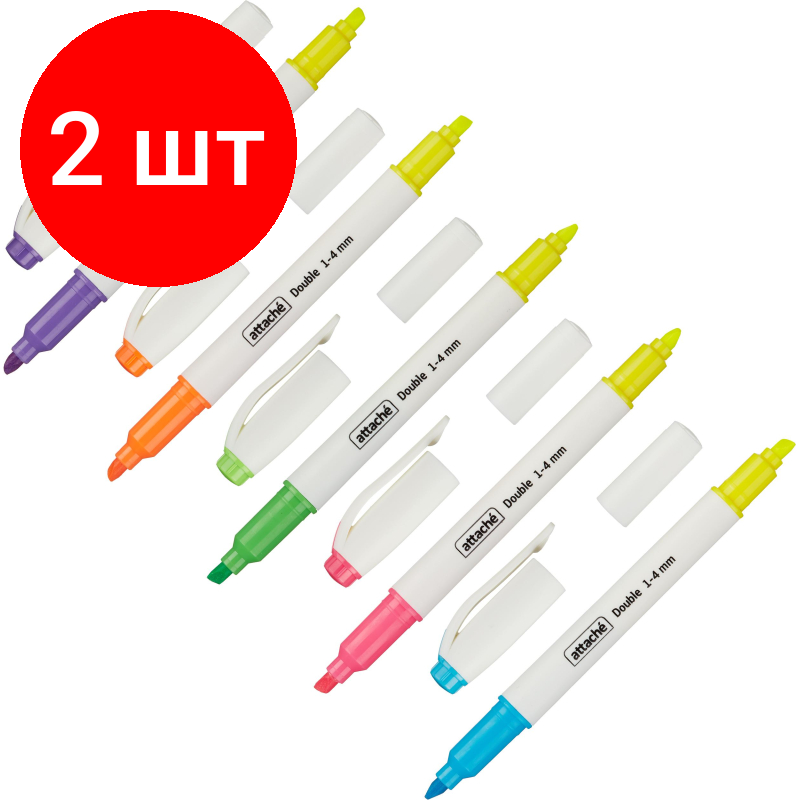 Комплект 2 упаковок, Набор текстовыделителей Attache Double 1-4 мм наб 6 цв 5 маркеров