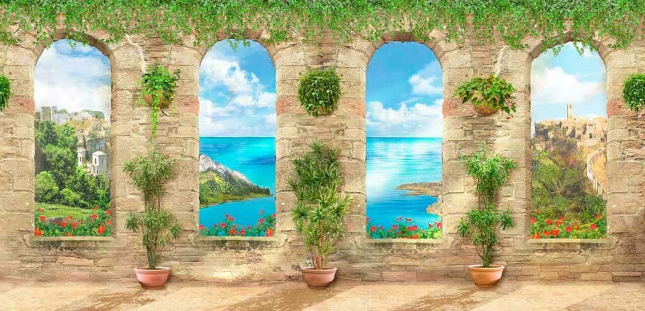 Фотообои Узкие арки с видом на море 11-170-XL-Флекс 270 x 500 см (ВхШ) Бесшовные, флизелиновые, влагостойкие обои MasterFresok