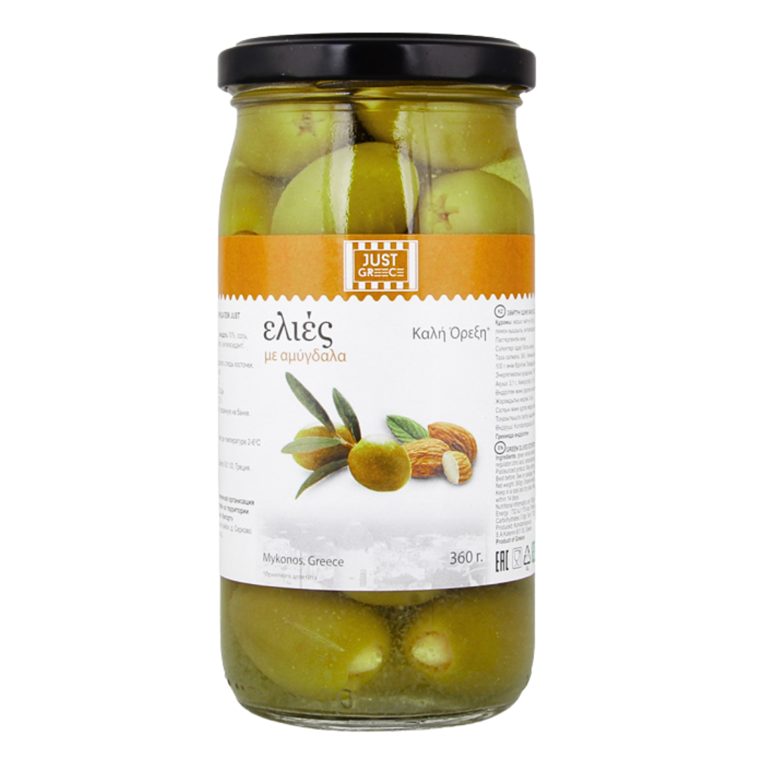 Оливки Just Greece Гигантские фаршированные миндалем р.91-100 360г.