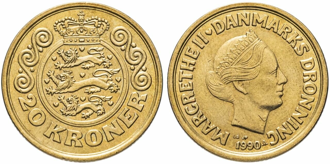 Дания 20 крон, 1990-1993 Королева Маргрете II XF