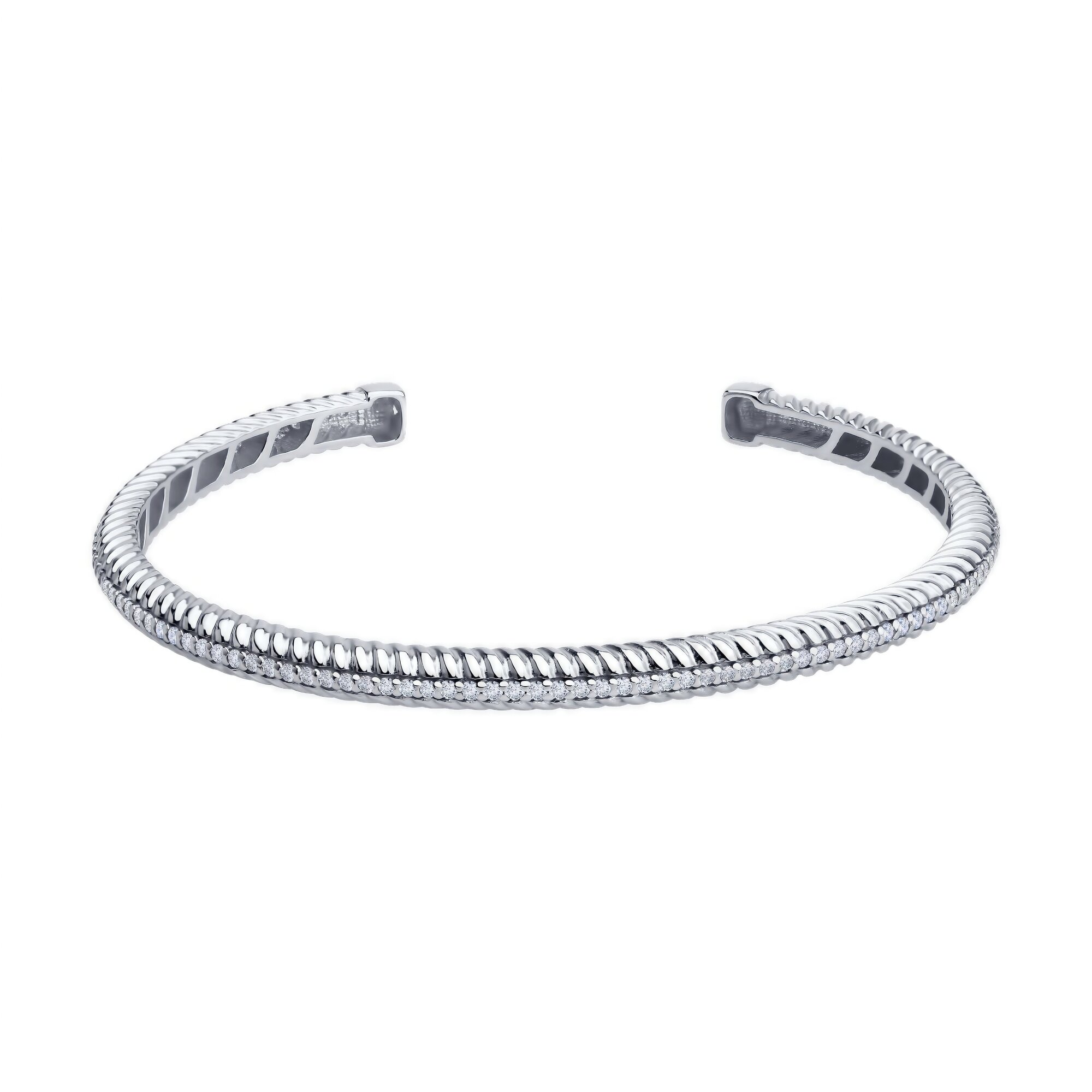 Жесткий браслет, серебро, 925 проба, родирование, фианит
