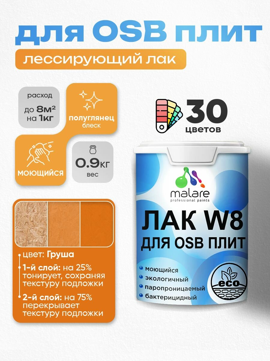 Лак колерованный тонирующий для защиты ОСБ плит Malare W8 для дерева и минеральных поверхностей, паропроницаемый водный без запаха, полуглянцевый, груша, 0.9 кг.