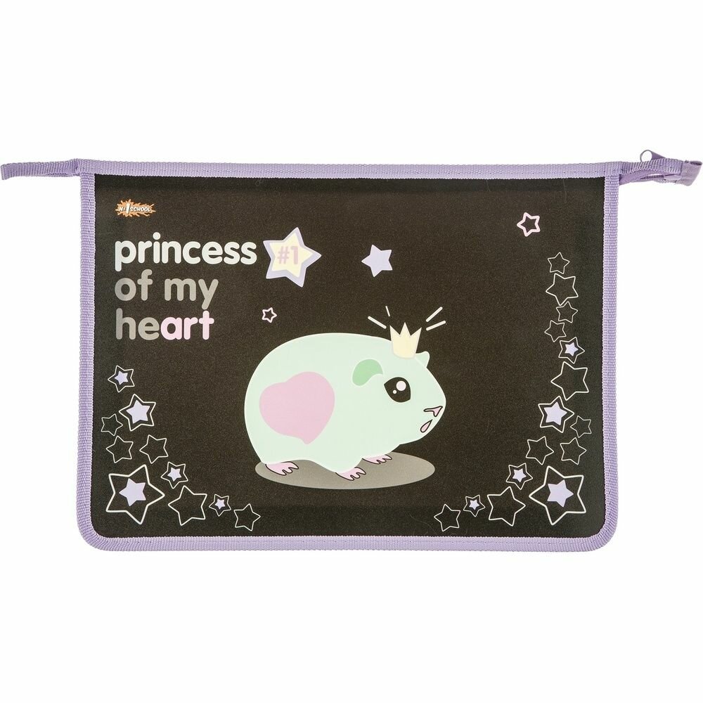 Папка для тетрадей №1 School "Princess", черная, А4, на молнии, пластик