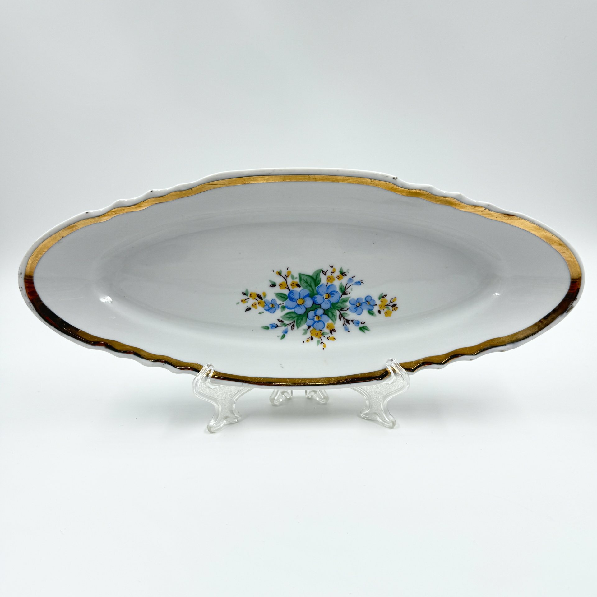Селёдочница с фигурным краем и цветочным декором, фарфор, деколь, золочение