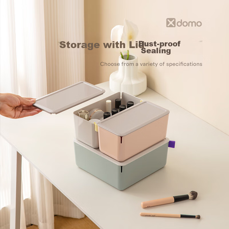 Deli Xdomo Series Storage Box with Lid, Office Desk Makeup Organizer with Silicone Clasp, Pink Small Size XDM10