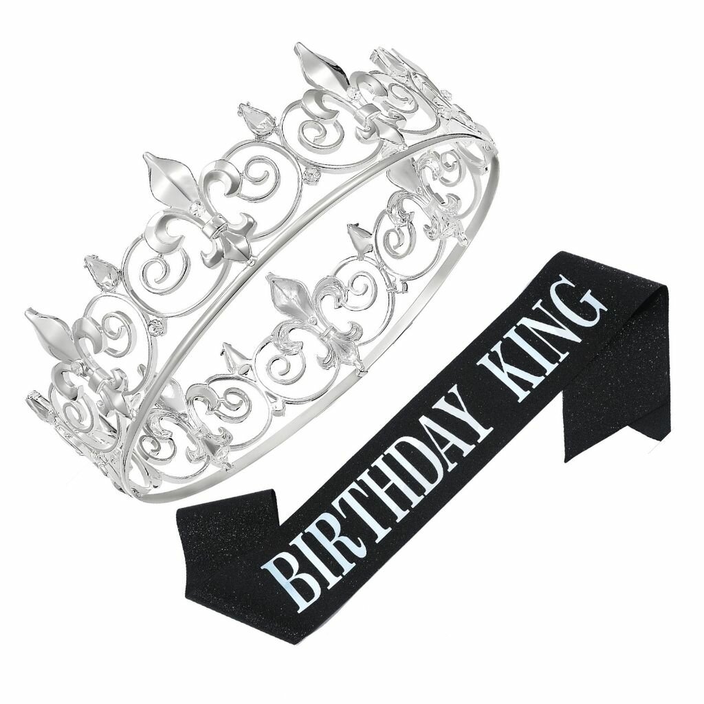 (1 комплект) Мужская корона с королевской лентой на день рождения-Черный, серебристый