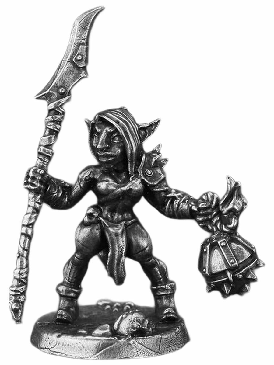 Гоблин женщина воин с копьем и бомбой. Фигурка металлическая 28 мм. Миниатюра для настольных игр ДнД / Dungeons & Dragons, Pathfinder