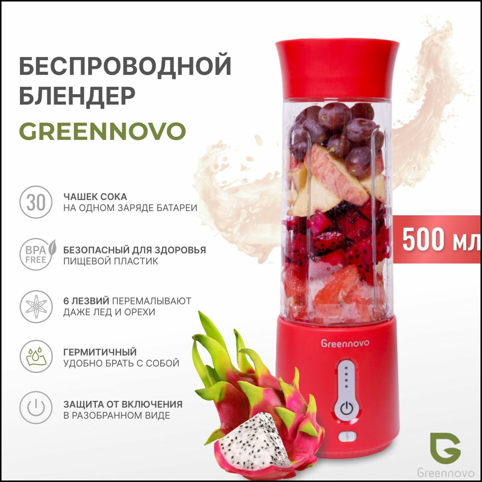 Портативный беспроводной блендер красный GREENNOVO для смузи, коктейлей, спортивного питания, льда, орехов / измельчитель /