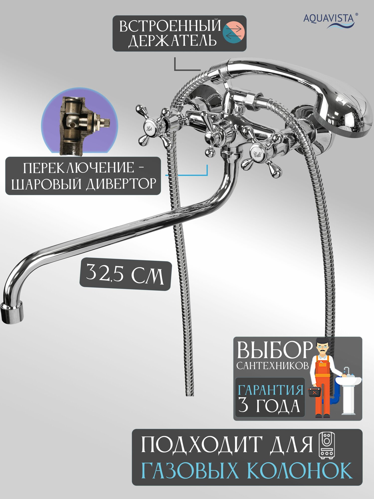 Смеситель для ванны с душем с длинным изливом