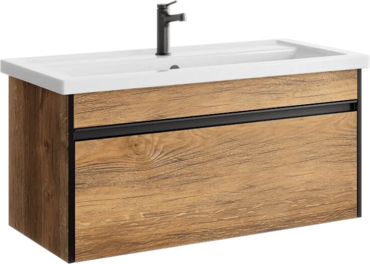 Тумба с раковиной Aqwella Urban подвесная, 101, 2 см, светлое дерево, матовая, из ЛДСП, с ящиками, раковина для ванной фарфоровая, прямоугольная, встроенный слив-перелив, лофт