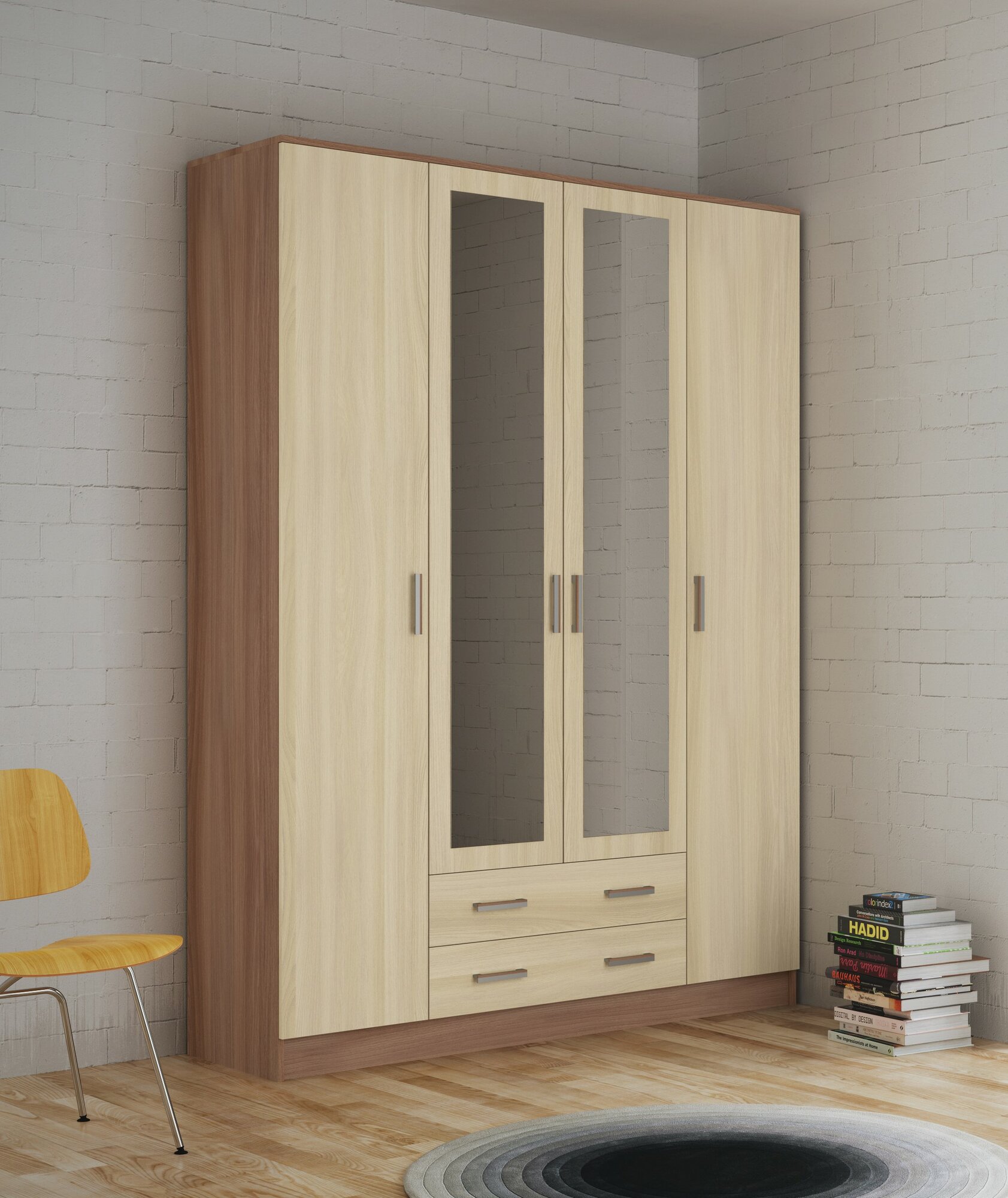 Шкаф с ящиками и зеркалом Квадро 4-х ств (160х48,7х220 см), Ясень шимо темный/светлый
