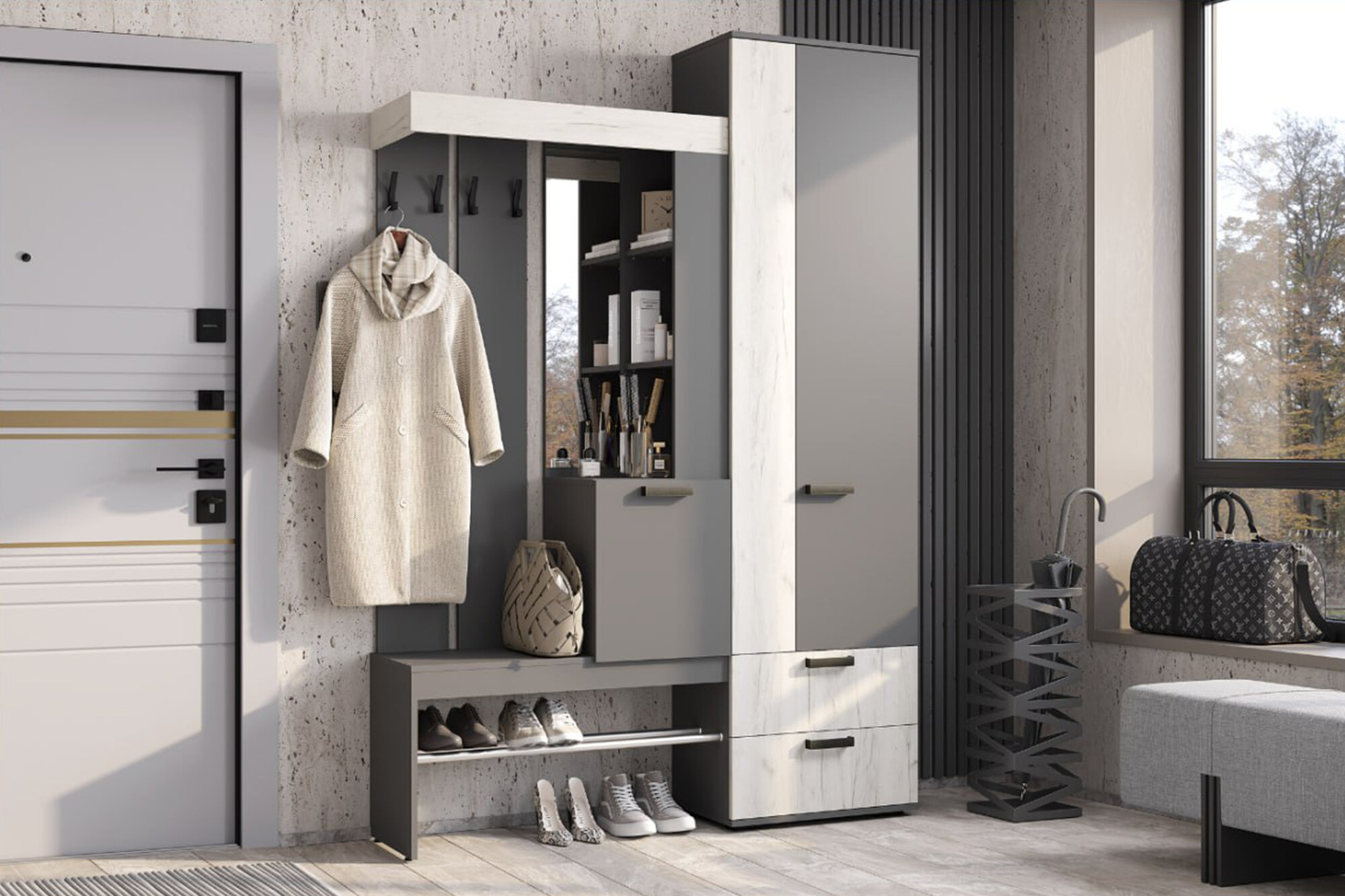 Стенка в прихожую Нонтон Трамп, 150x37x217 см, графит / дуб крафт белый