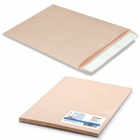 Конверт-пакеты С4 плоские (229х324 мм), до 90 листов, крафт-бумага, отрывная полоса, комплект 25 шт, 161150.25