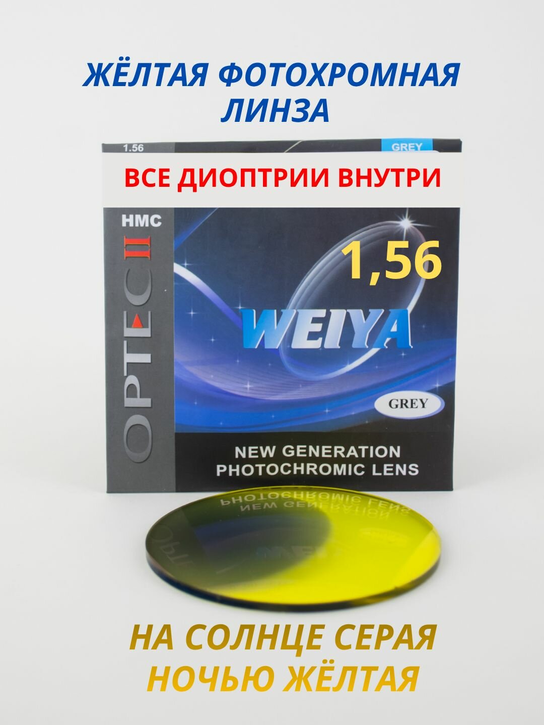 Линза для очков, сфера -4.00 YЕLLOW-FARA FOTOCHROME GREY Антифара фотохром цвет серый индекс 156