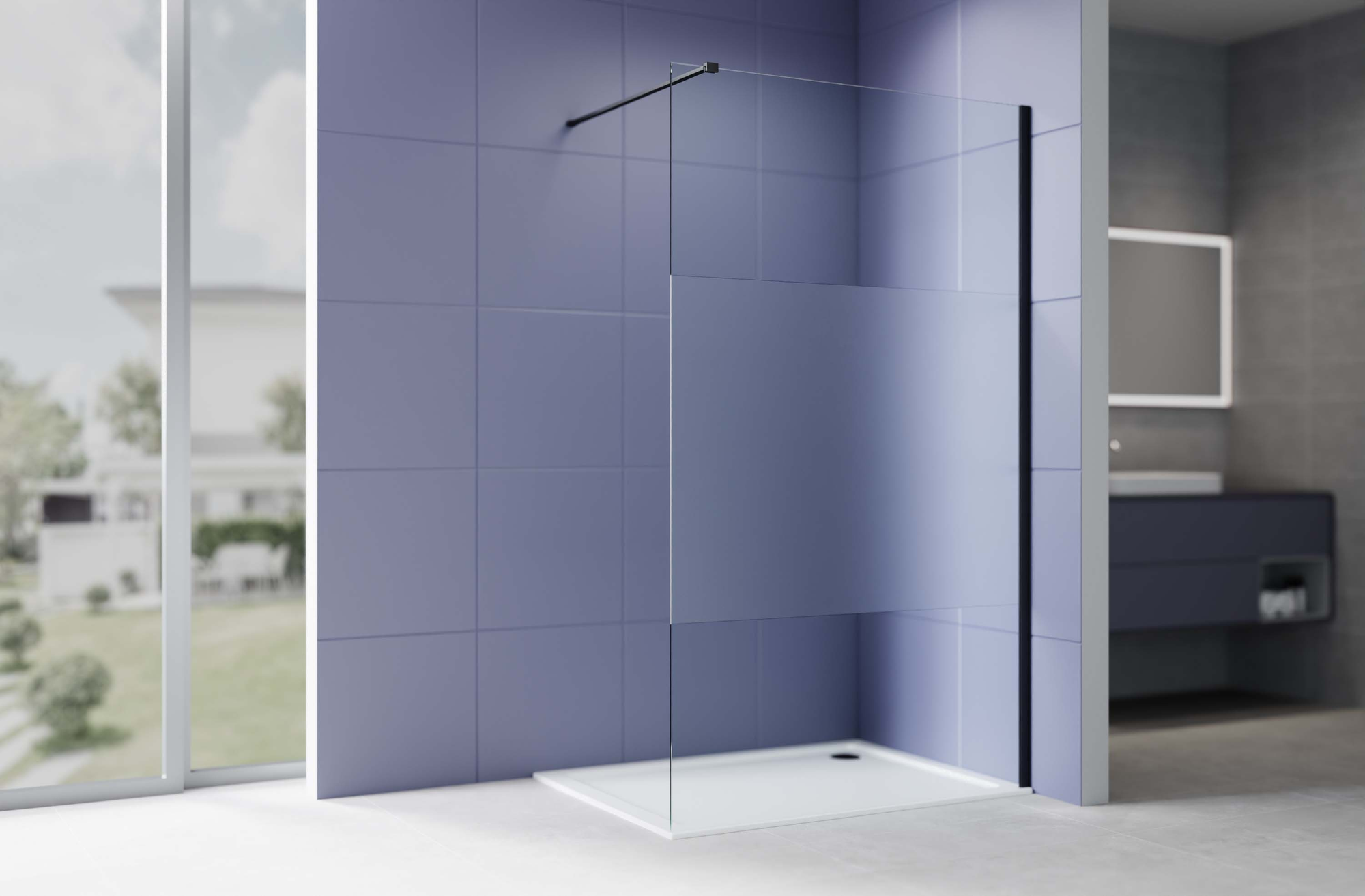 Душевая перегородка с держателем AQUATEK Walk in 900x2000 AQ. WI.090.3BL черный матовый/стекло прозрачное с матовой полосой