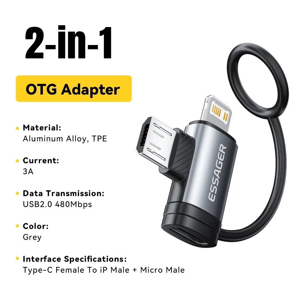 Essager 2 в 1, адаптер освещения/микросистемы, гнездовой разъем USB типа C для быстрой зарядки для iPhone 17, 16, 15, 14, 13, 12, 11, конвертер для iPad