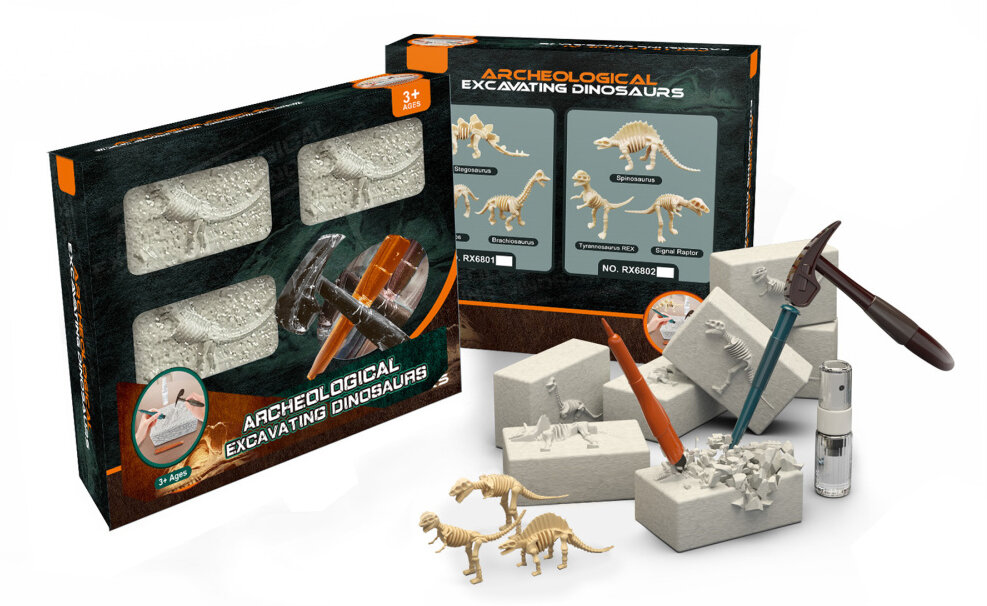 Игровой набор MAYA TOYS "Раскопки динозавров", археология, 3 фигурки, 3 инструмента, 1 брусок