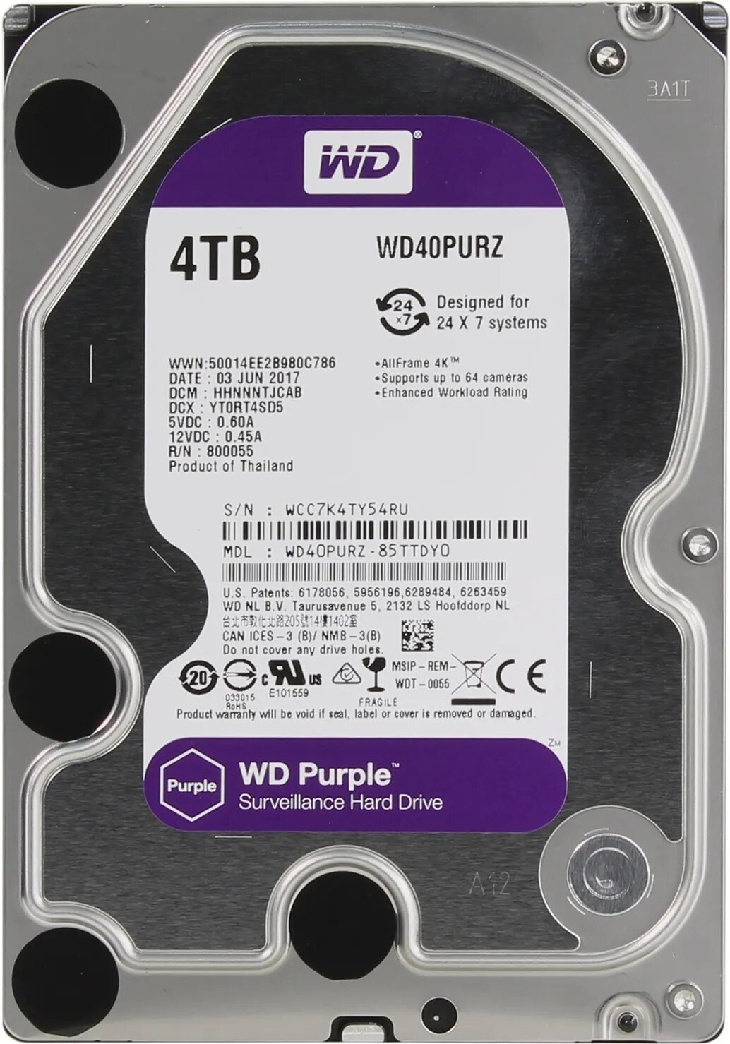 4 ТБ Жесткий диск 3.5" Western Digital WD Purple, SATA III, 64 Mb, 5400 rpm (WD40PURZ)