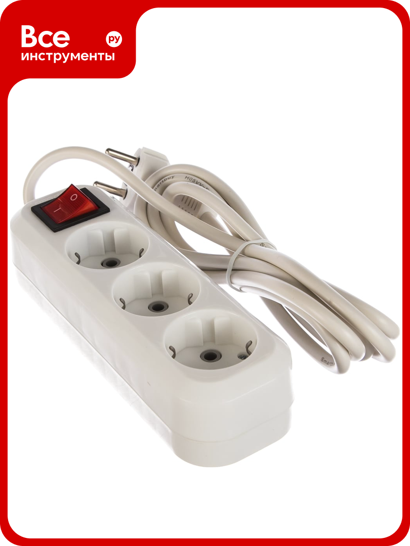 Удлинитель Smartbuy 3 гнезда 2 метра 16А/3,5кВт с выкл. и заземлением ПВС 3х1,0 SBE-16-3-02-ZS