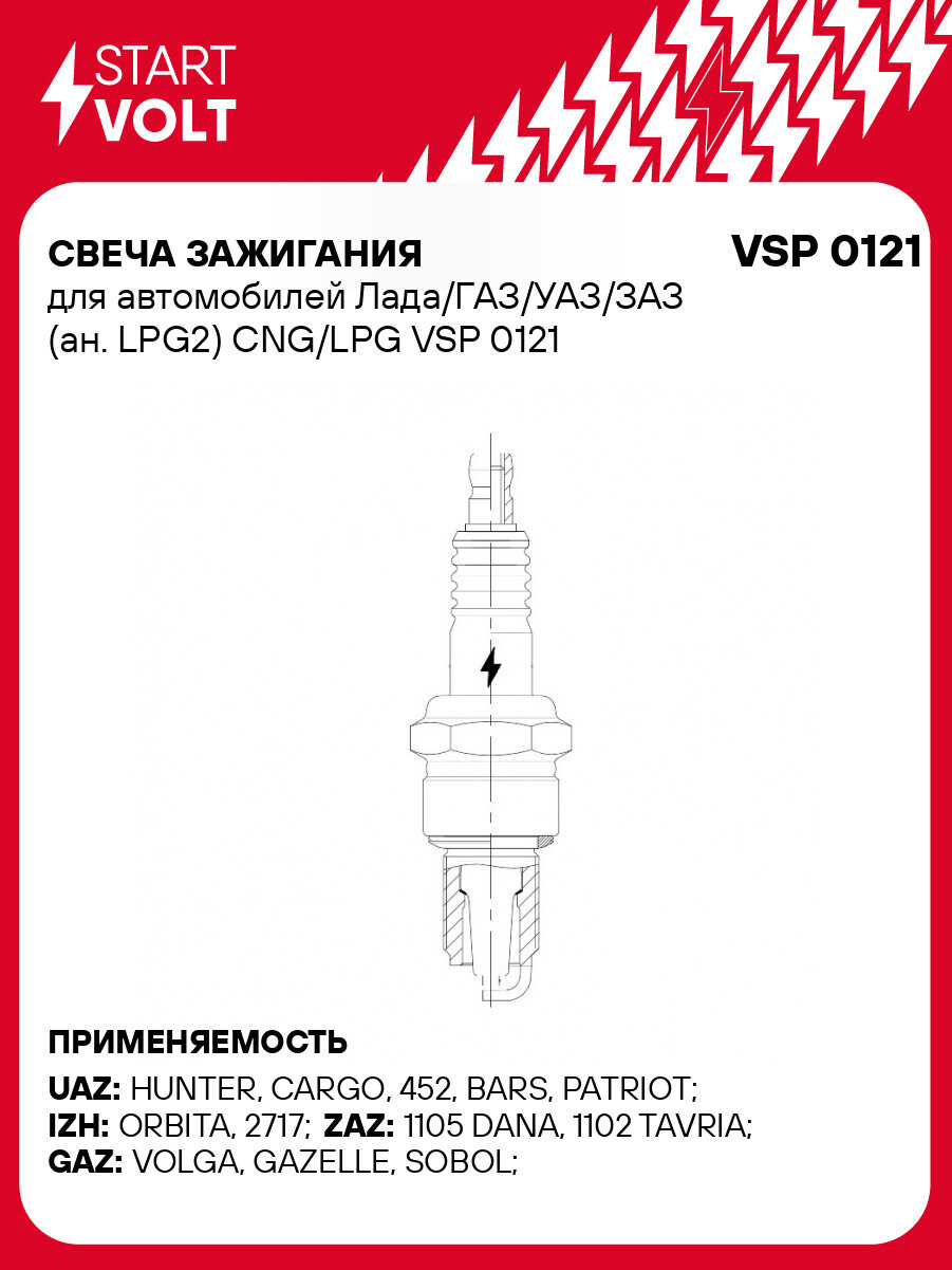 Свеча зажигания для автомобилей Лада/ГАЗ/УАЗ/ЗАЗ (ан. LPG2) CNG/LPG VSP 0121 StartVolt