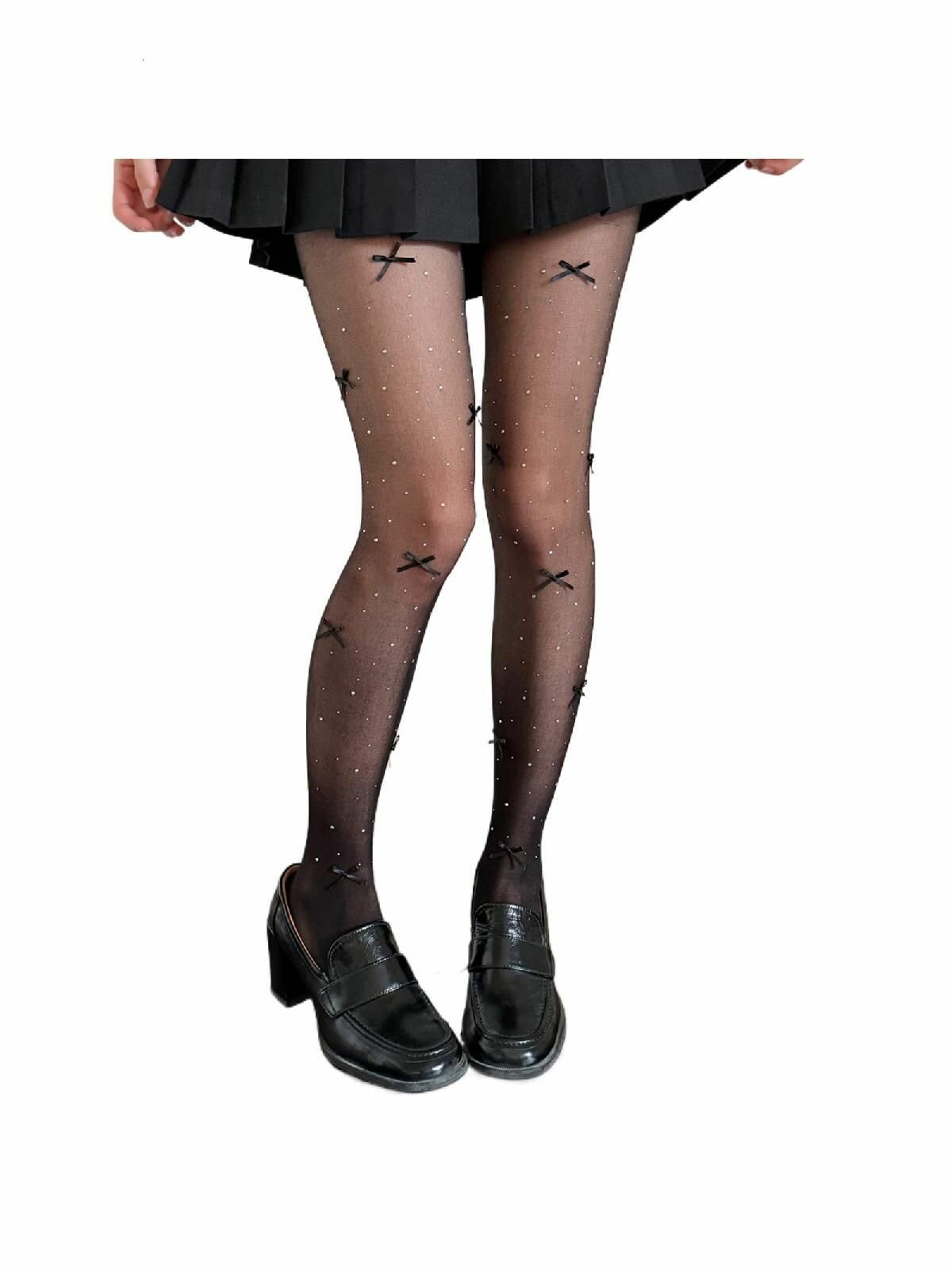 Женские атласные колготки с бусинами и бантом, Черный