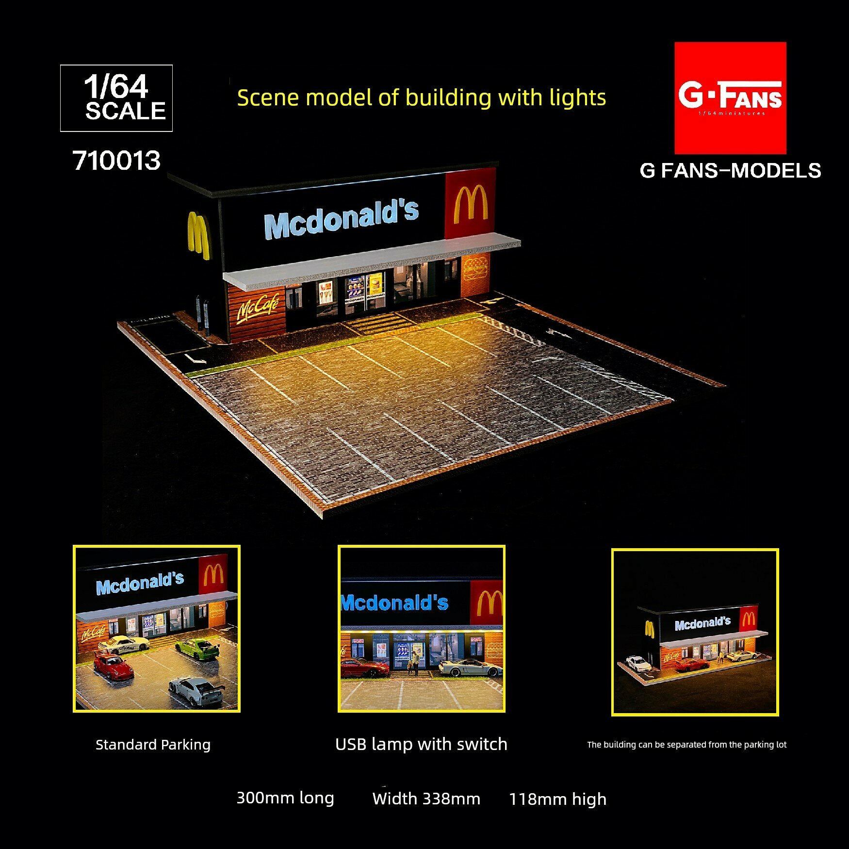 Сцена McDonald's 1:64 масштаба с LED-подсветкой - миниатюрная автостоянка в стиле фастфуда для коллекционеров (без