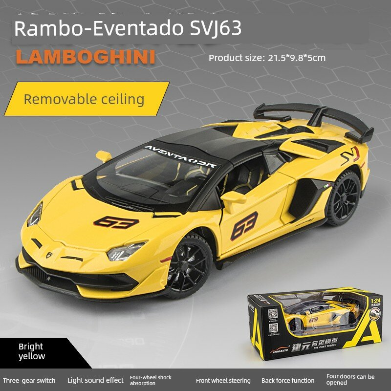 Подлинная модель из сплава Lamborghini SVJ Convertible в желтом цвете для мальчиков, детализированная 1:18 масштаб,