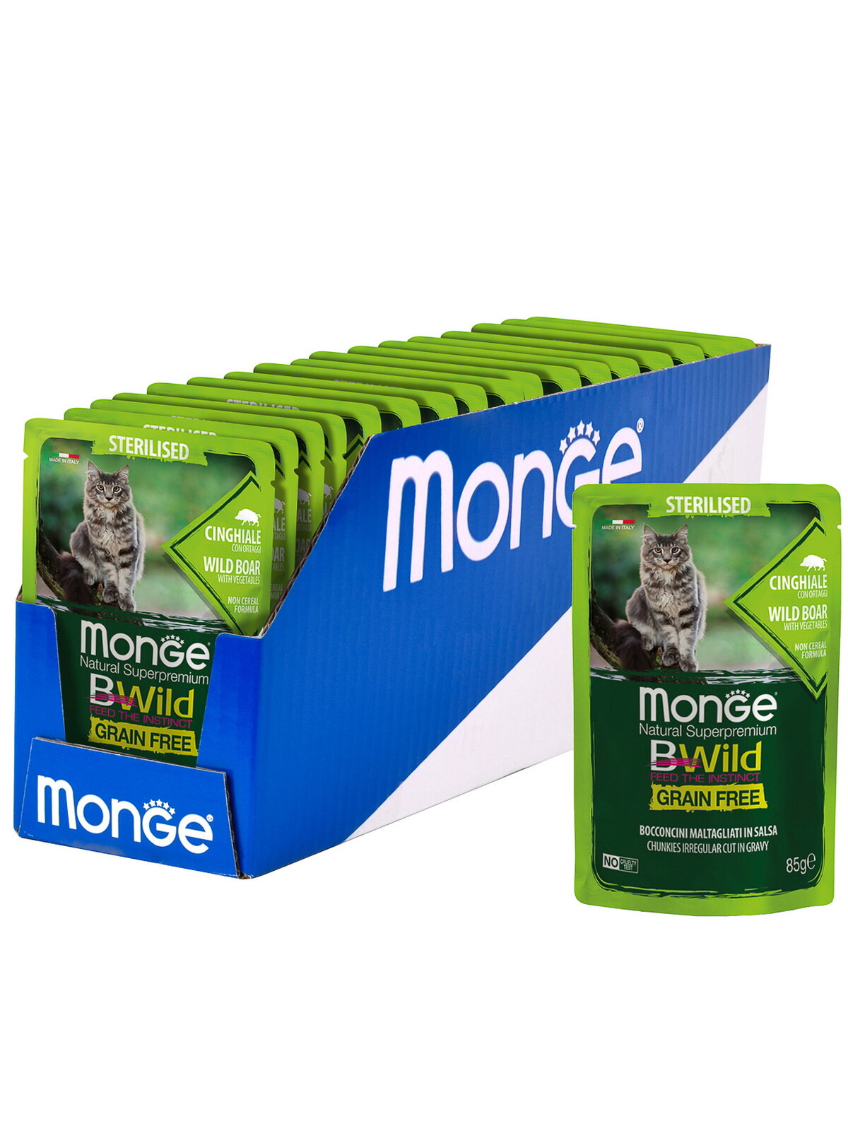 Monge Cat BWild GRAIN FREE для стерилизованных кошек, беззерновой, из мяса кабана с овощами, паучи 85гр, 28 паучей