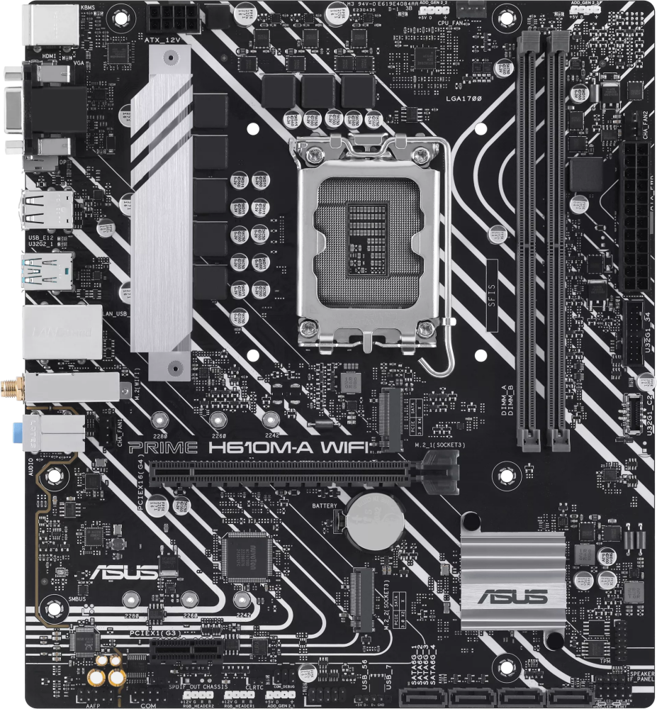 ASUS Материнская плата Socket1700 ASUS PRIME H610M-A WIFI (iH610, 2xDDR5, M.2, SATA III, PCI-E, D-Sub, HDMI, DP, 1Гбит LAN, WiFi, BT, USB3.2, mATX) (ret)