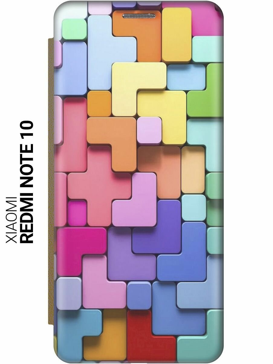 Чехол-книжка на Xiaomi Redmi Note 10, Note 10S, Сяоми Редми Ноут 10, Ноут 10С с 3D принтом "Паттерн из блоков" золотой