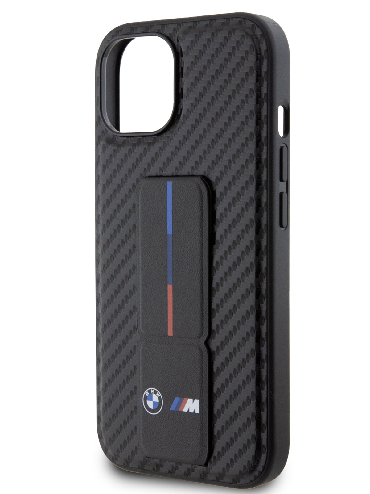 BMW для iPhone 15 чехол GripStand M-Collection PU Carbon eff Tricolor Hard Black